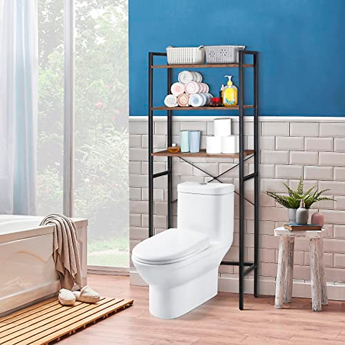 SUPER DEAL Over The Toilet Storage Shelf, 3-Tier Bathroom Organizer Space Saver Rack Wood Shelf, Rustic Brown
