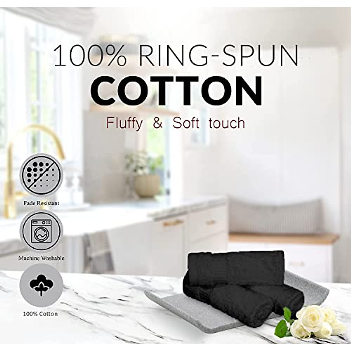 GOLD TEXTILES 100% Cotton Washcloth - 12 Pack | 13x13 inches | Black - Ultra Soft, Highly Absorbent, Long Lasting and Quick Drying - Hotel & Spa Collection Cool Feel Fingertip Towels