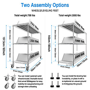 3 Tier 3000lbs Capacity NSF Metal Shelf Wire Shelving Unit, Heavy Duty Adjustable Storage Rack with 5in Wheels & Shelf Liners and Extensible Designs Utility Storage Rack, Chrome - 62"H x 72"L x 24"D