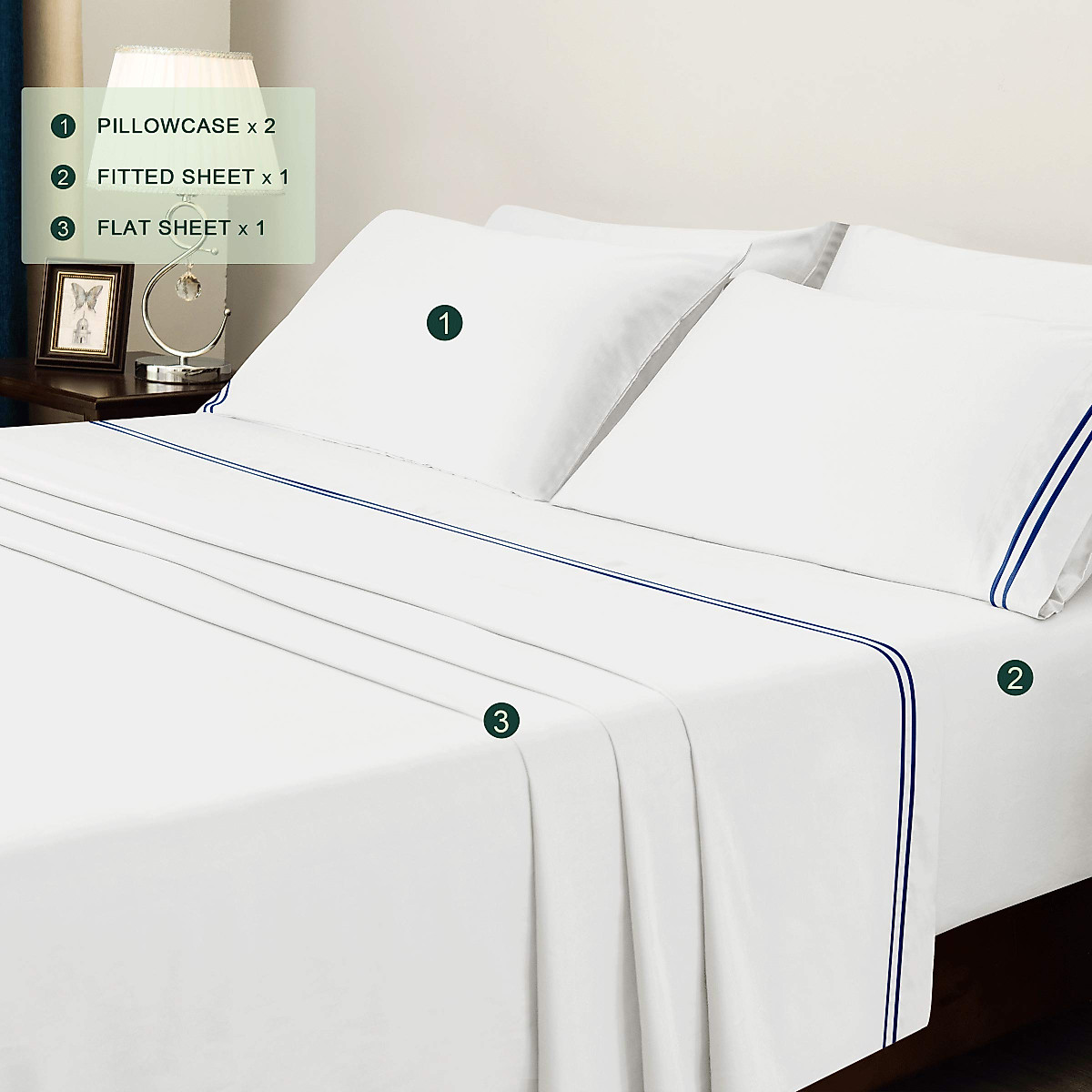 CHUN YI Luxury Cotton Bed Sheet Set, 4 Piece Full Bedding Sets-Tencel Fitted, Flat Sheet & Pillowcases, Deep Pocket to Easily Cover Mattress(White)