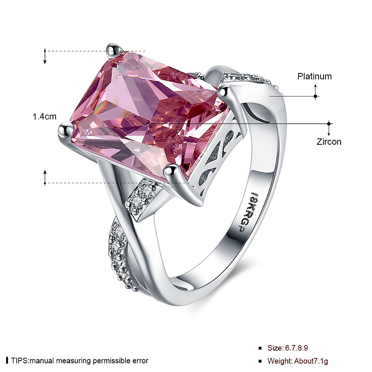DUANMEINAD Swarovski Crystal Rings For Women Size 6-9 - White Gold Plated Pink Zircon Ring (7)