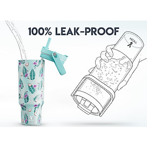 Meoky 40 oz Tumbler with Handle and Straw, Insulated Water Bottle, Stainless Steel Travel Mug, Keeps Cold for 34 Hours, 100% Leak Proof, Fits in Car Cup Holder (Blue Flamingo)