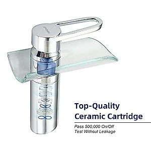 WINDALY Waterfall Bathroom Faucet, Single Hole Glass Spout Bathroom Faucet, Single Handle Solid Brass Bathroom Vanity Faucet with Deck Plate, Chrome (Glass)