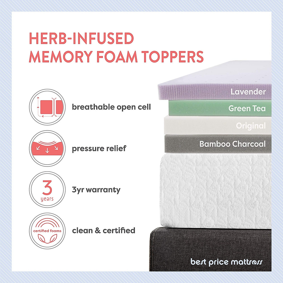 Best Price Mattress 4 Inch Ventilated Memory Foam Mattress Topper, CertiPUR-US Certified, Short Queen