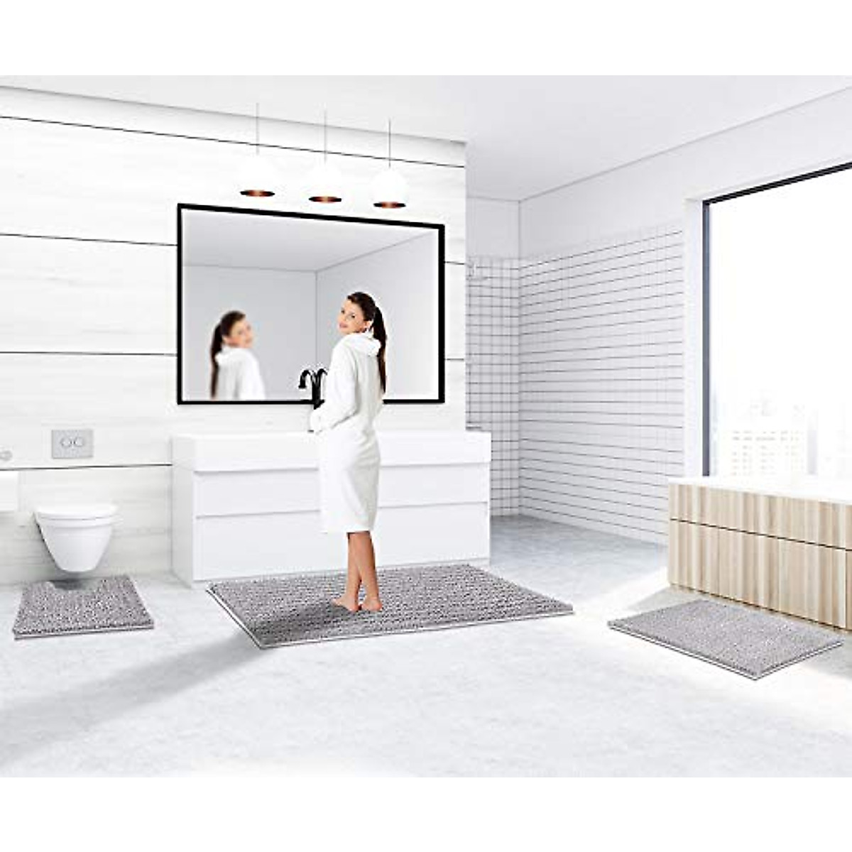 Yimobra Bathroom Rug Mat, 24'' x 17'', Luxury Chenille Shaggy Microfiber Bath Rugs, Extra Soft & Thick, Absorbent Water, Non-Slip, Machine-Washable, Bath Mats for Bathroom Floor,Tub and Shower, Gray