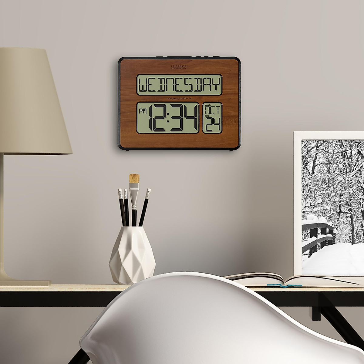 La Crosse Technology 513-1419-WA-INT Atomic Large Full Digital Calendar Clock, Walnut, 9.84"L x 1.14"W x 7.48"H
