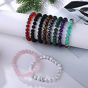 SAILIMUE 10/12Pcs Gorgeous Semi-Precious Gemstones Bracelets for Women Men 8mm/6mm Natural Stone Beaded Bracelets Tiger Eye Lava Rock Healing Crystal Stretch bead bracelet Unisex