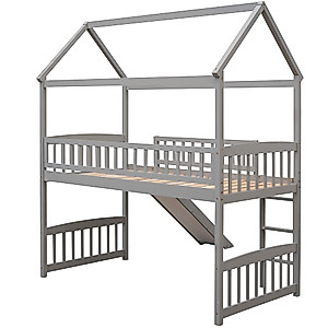 LostCat Twin Size Loft Bed with Slide, House Shaped Solid Pine Wood Bed Frame w/Safety Guardrail & Ladder, No Box Spring Needed, Save Space Design, for Kids, Teens, Girls, Boys, Gray