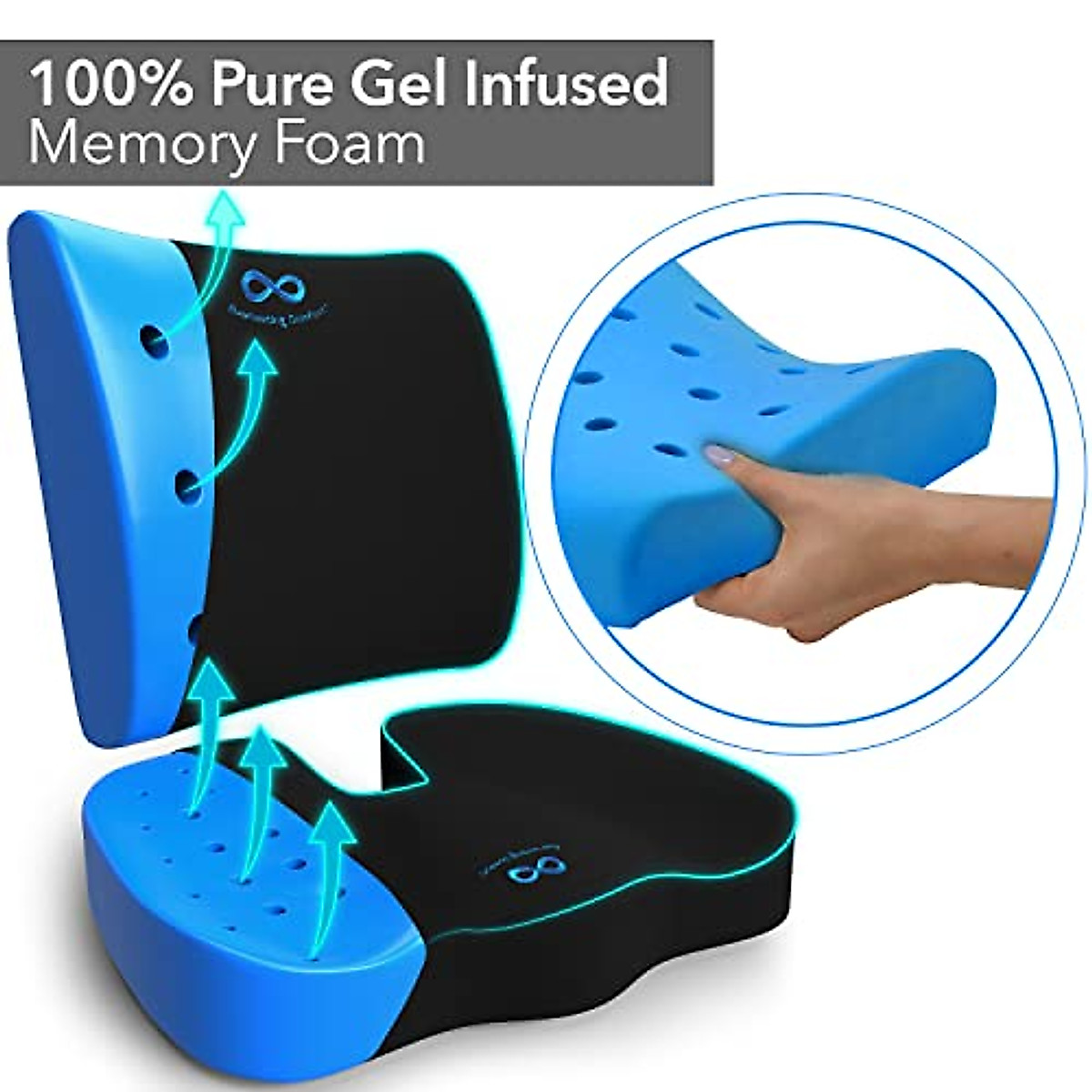 Everlasting Comfort Seat Cushion and Lumbar Support Pillow Combo - Chair Pads Reduce Tailbone Pressure and Improve Back Comfort - Gel Infused Memory Foam Chair Cushions for Home, Car, Travel