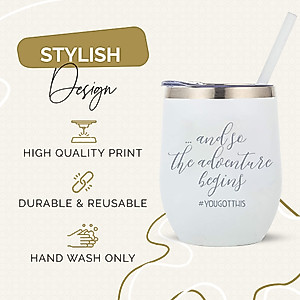 The Adventure Begins - Congratulations Gifts For Women, Going Away Gifts for Friends Moving, or Welcome To the Team- Perfect New Beginnings Gift - 12oz Stainless Steel Glass with Straw and Lid