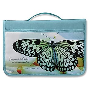 2 Corinthians 5:17 Butterfly Bible Cover for Women, Zippered, with Handle, Canvas, Aqua, Large
