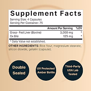 Grass Fed Beef Liver Capsules with Ox Bile, 3000mg Per Serving 300 Count | Natural Iron, Vitamin A & B12 | Supports Energy Production, Digestion & Immunity | Hormone & Pesticide Free