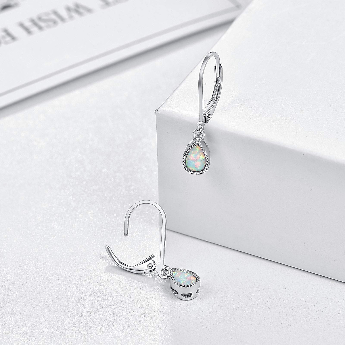 Teardrop Leverback Drop Dangly Safety Earrings, 925 Sterling Silver Opal Jewelry Valentine Gift for Women Girlfriend Daughter with Gift Box