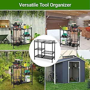 Joyoolife Garden Tool Organizer, 3 Tier Yard Tool Rack with Large Tool Slots & Small Tool Hooks, Large Capacity Tool Shelf, Heavy Duty Metal Tower Rack for Garden Lawn Garage Shed