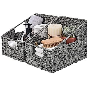 GRANNY SAYS Wicker Basket with Handles, Odorless Woven Trapezoid Basket Waterproof for Organizing, Decorative Storage Wicker Baskets for Storage Photo Books, Ash Gray, 2-Pack
