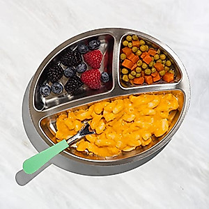 Avanchy Baby Toddler Plates with Suction Divided Stainless Steel for Feeding Babies Kids Toddlers Food, Large,Green