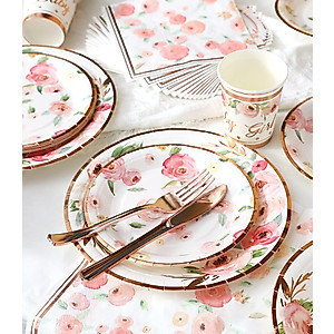 Rose Gold Baby Shower Plates and Napkins Girl - Serves 16 - Includes Baby Girl Plates Cups Napkins Knifes Forks Floral Baby Shower Decorations for Girl Baby Shower Favor Decor Party Supplies