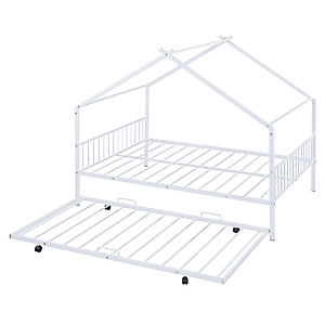 Metal House Bed for Kids, Full Size Bed Frame with Trundle Bed Twin, Kids Bed Frame with Headboard and Footboard, Full Size House Bed for Kids, Girls, Boys(Full White)