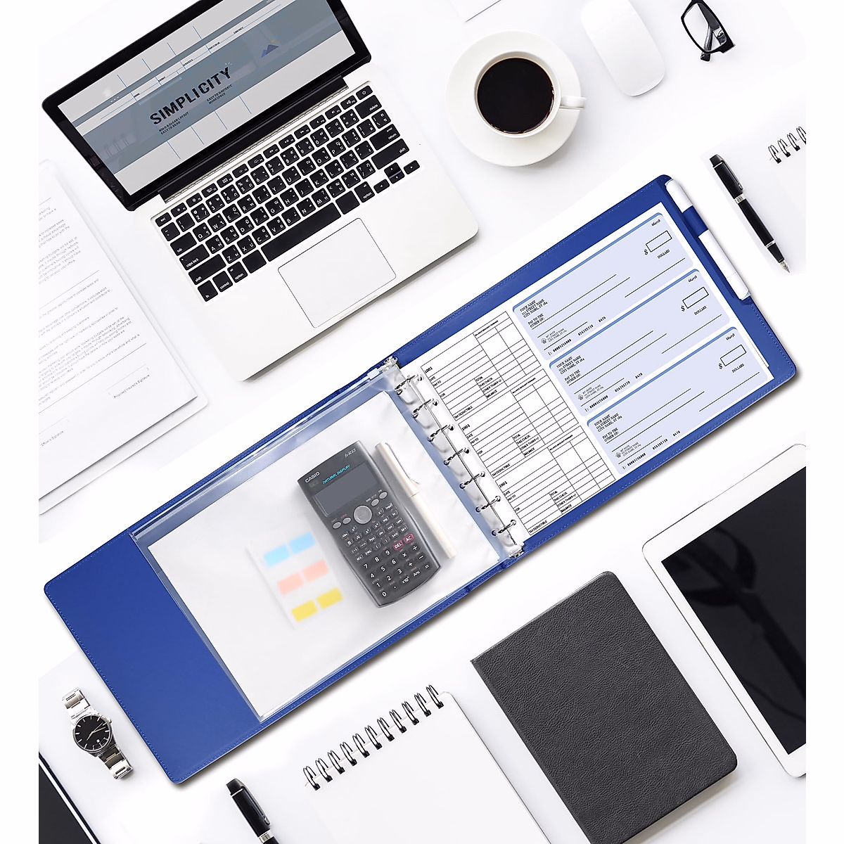 SUNEE 7 Ring Check Binder for Business Checks with Zipper Pouch, PU Leather Blue Checkbook Binder Portfolio, 600 Checks Capacity for 9 x 13 Inch Sheet, Office Folder Supplies