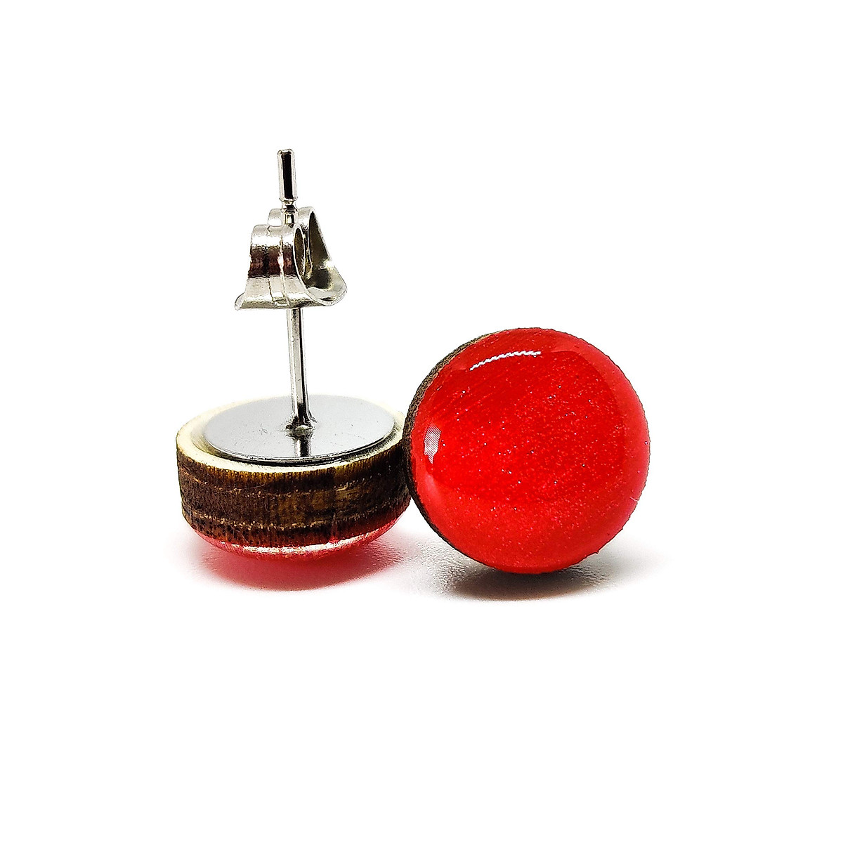 Stud Earrings, Shimmer, 10 mm, Handmade, Stainless Steel Posts for Sensitive Ears Stud for Women Men Girls (Scarlet Red Shimmer)