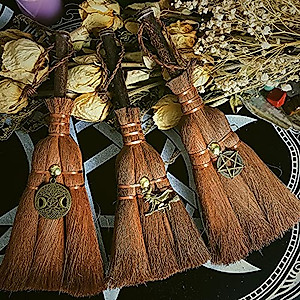 OKDOKEY 9.4" Witch Altar Broom & Four Elements and Pentacle Wood Runes Set | Miniature Pentagram Wicca Brush | Handmade Mane Broomstick for Majic Ceremonial, Halloween Broom, Wiccan Ritual Broom