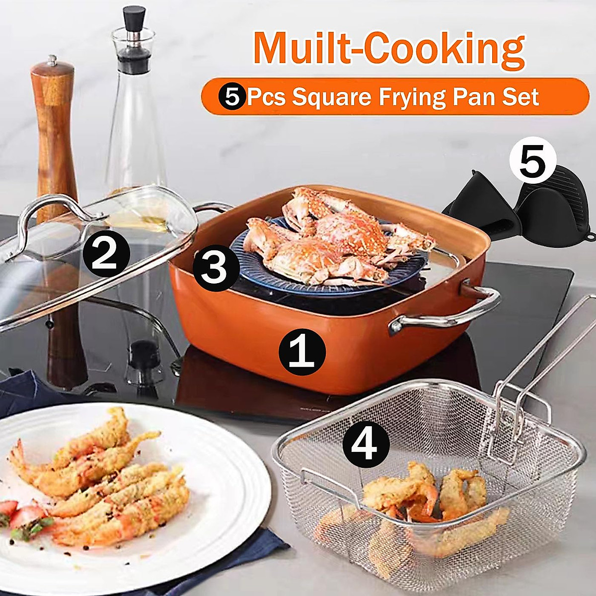 Feipone Non Stick Deep Frying Pan with Lid, 9.5” Copper Square Pan for Cooking, 6 Piece Saute Pan Set with Fry Basket, Steamer Rack, Oven Grips, Dishwasher & Oven Safe, 5 Quart Chef Cookware