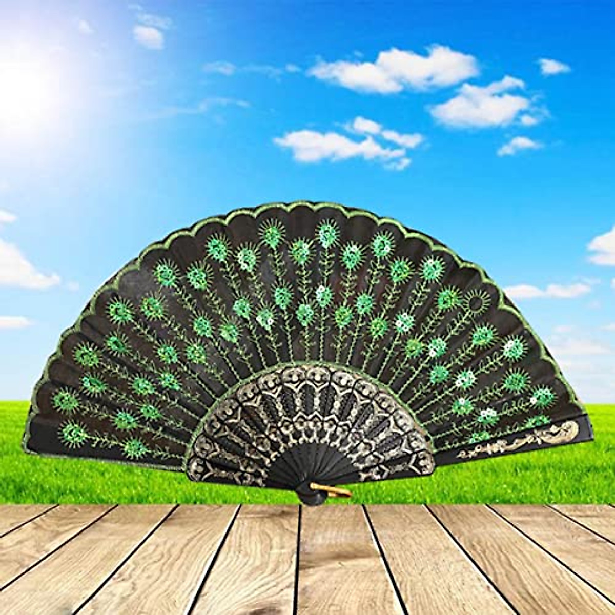 RAZZUM 2 Pcs Handmade Sequins Peacock Dancing Fans Foldable Fan Sequin Fan Hand Fans for Women Peacock Fan Folding Fan Spanish Hand Fan Flower Folding Fan Summer Handheld Fan Silk Fan Fan