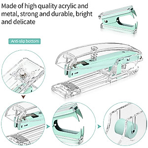 Office Supplies Set Desk Accessory Kit, Acrylic Stapler Set Staple Remover, Tape Dispenser, Binder Clips, Paper Clips, Ballpoint Pen and Scissor with 1000 Pieces 26/6 Staples (Green)