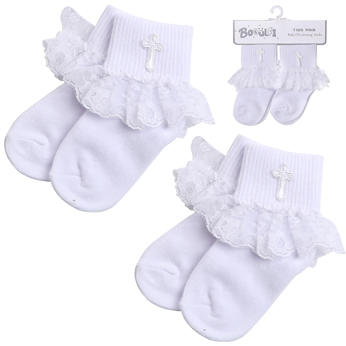 Booulfi Baby Girls Socks, 2 Pairs Cotton White Newborn Baptism Christening Socks with Lace Dedication First Communion Gifts for Toddler Infant