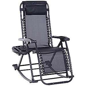 Outsunny Outdoor Rocking Chairs, Foldable Reclining Zero Gravity Lounge Rocker w/Pillow, Cup & Phone Holder, Combo Design w/Folding Legs, Black