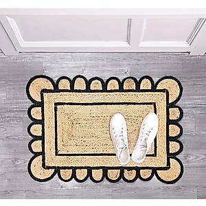 Shiv Shakti Exports Natural Jute Scalloped Rug Bohemian Rug Decor Rug Handwoven Rug Custom Rug Decorative Rug (Black Trim 2'x3' Ft / 61x92 Cm)