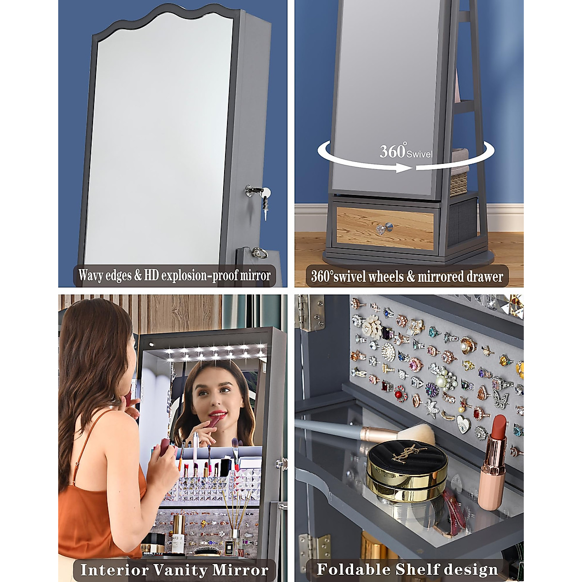 Dystler Full-Length Mirror Jewelry Cabinet: 360°Swivel Jewelry Armoire Cabinet with LED Lights - Built in Vanity Mirror Lockable Standing Jewelry Organizer with Large Capacity Shelves& Drawer Grey