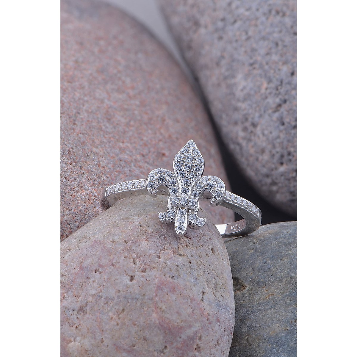 SILVERCLOSEOUT Rhodium Plated Sterling Silver Womens Cz Cubic Zirconia Fleur De Lis Loyalty Ring - Size 6