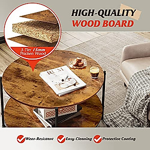 WLIVE Round Coffee Table, Living Room Table with 2-Tier Storage Shelf, 32in Wood Modern Coffee Table with Metal Frame and Wood Desktop,Easy Assembly, Rustic Brown.