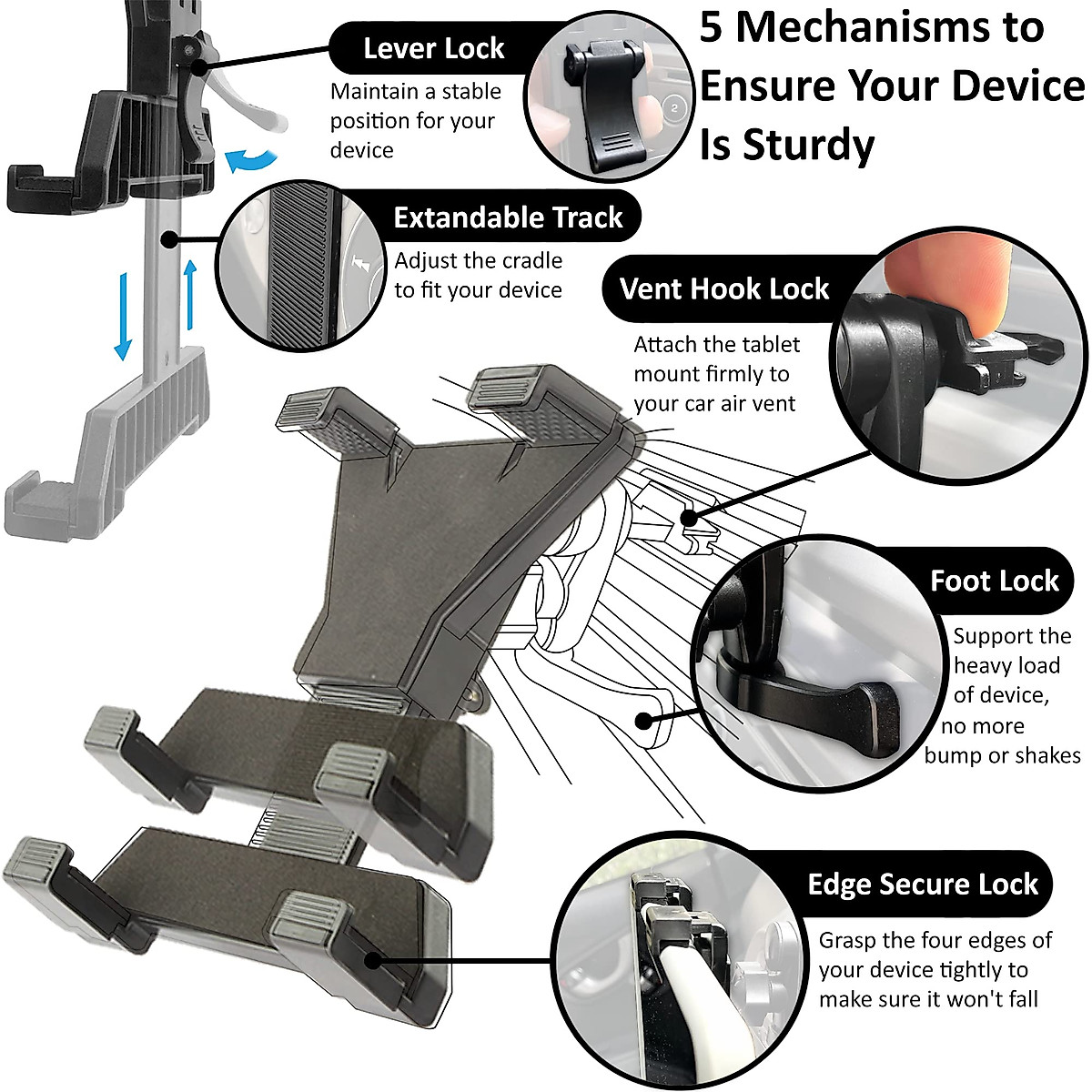 Randconcept - Car Air Vent Tablet Holder Car Mount, Universal Tablet Stand Car Mount Compatible with 7" - 10" Tablets iPad Pro Mini Air 2 Galaxy Tab Z Fold Kindle