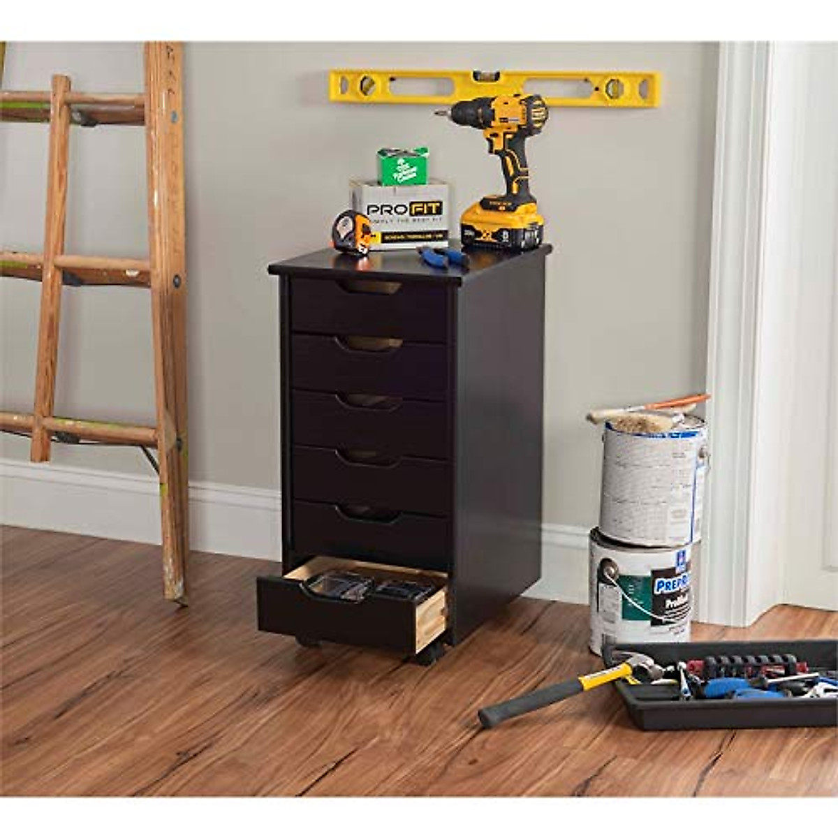 Pemberly Row Mid Century Six Drawer Wood Rolling Storage Cart in Black