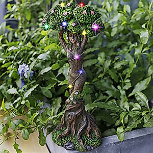 FORUP 14 Inch Tree Goddess Garden Statue, Resin Dryad Garden Figurine with 18 LEDs, Solar Powered Lighted Garden Sculpture for Outdoor Patio Lawn Yard Garden Decorations