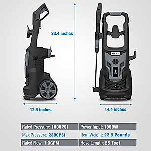 Electric Pressure Washer - 1900W High Pressure Power Wash Machine with Detergent Tank and Adjustable Nozzles for Home Use Cars/Garden/Patios/Driveways Cleaning (2300PSI), CETL Listed