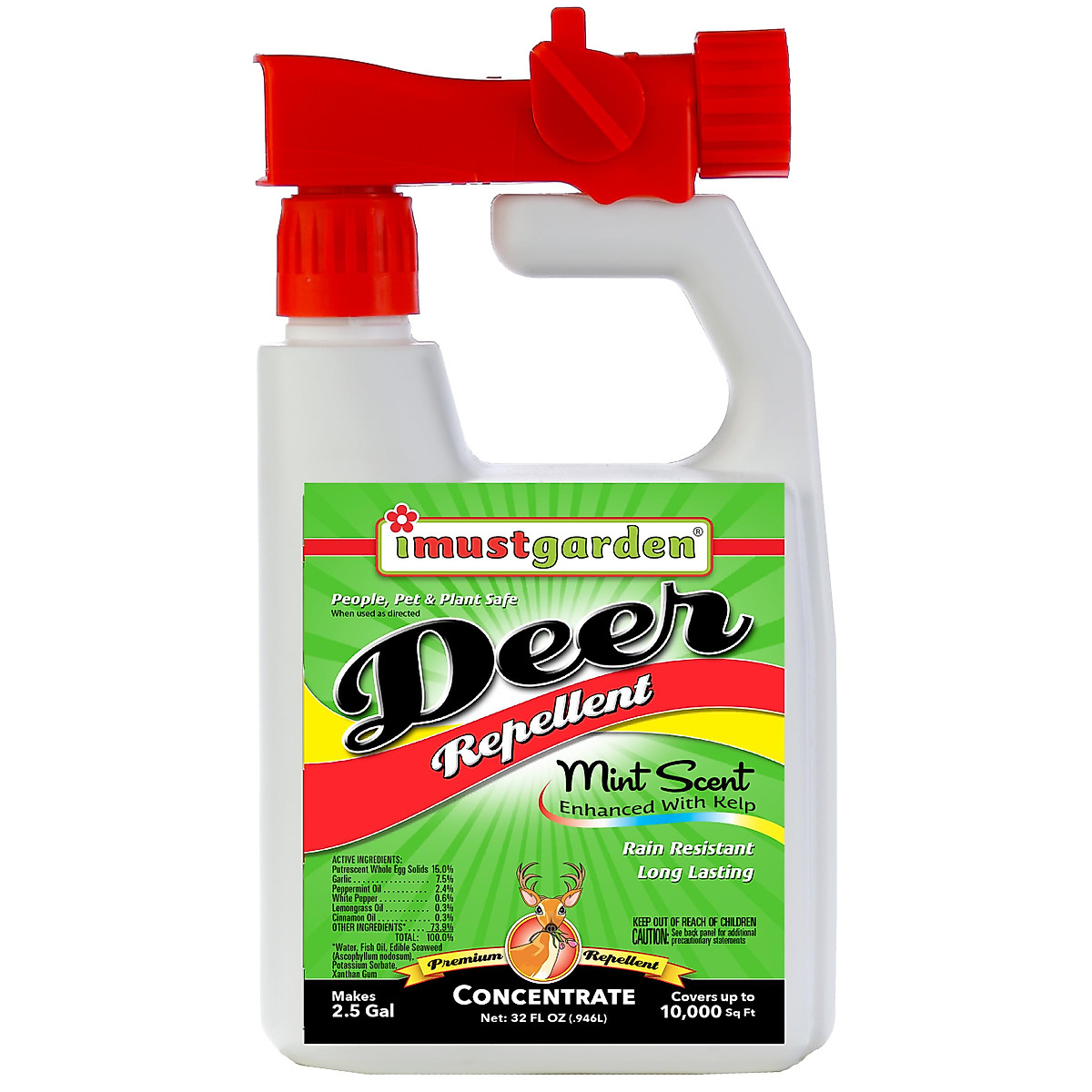 I Must Garden Deer Repellent Hose END Concentrate: Mint Scent Deer Spray for Gardens, Plants, and Trees – 32oz Easy Hose End Sprayer – Covers 10,000 sq. ft.