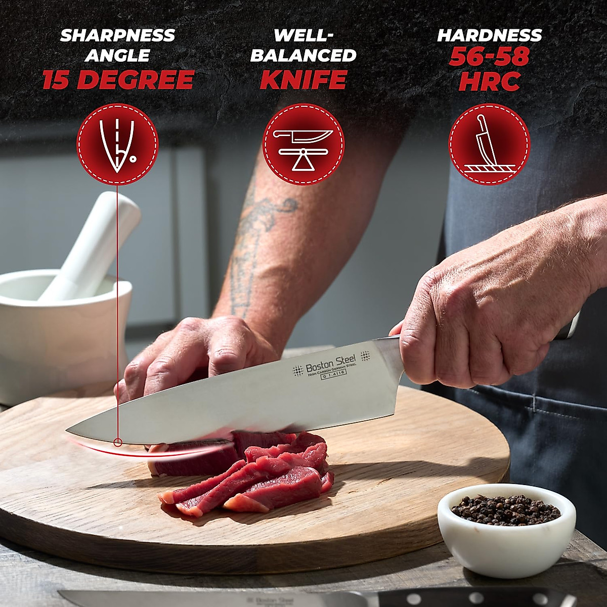 Boston Steel Chef Knife 8 Inch 5CrMoV Carbon Stainless Steel Sharp Full Tang Kitchen Knife with ABS Ergonomic Handle Design, Gifts for Men and Women, Kitchen Knives in Premium Gift Box