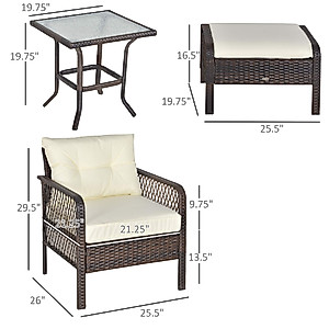 Outsunny 5-Piece PE Wicker Patio Furniture Set, Conversation Set with Outdoor Ottomans, Table & Chairs, Small Balcony Furniture for Apartments, Steel, Cream White