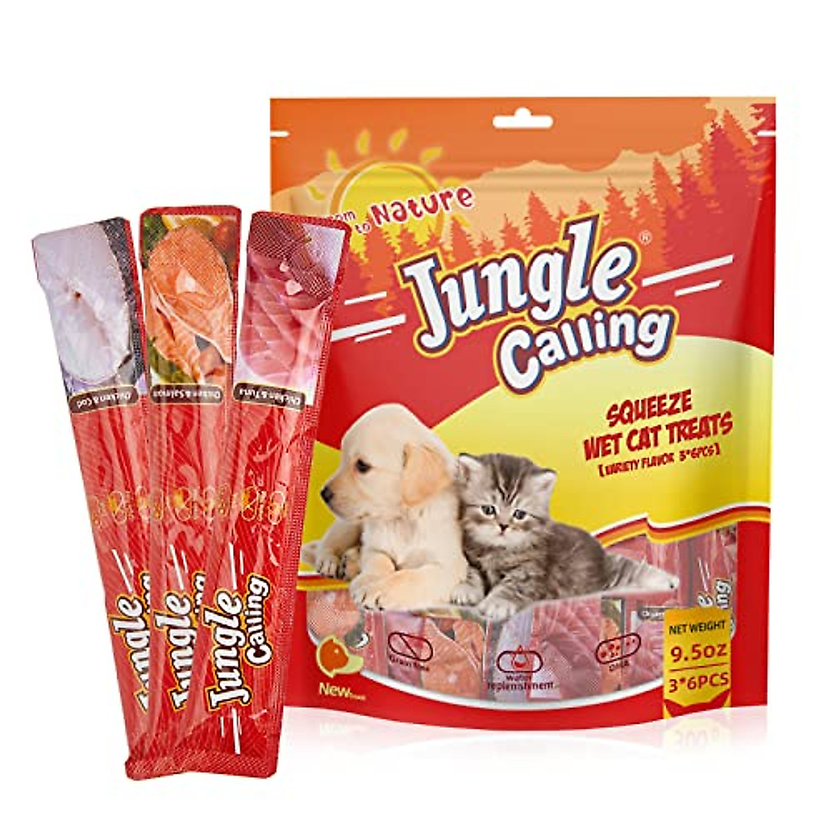 Jungle Calling Lickable Wet Cat Treats, Grain-Free, Squeezable Creamy Cat Treats for Adult & Senior Cats, 0.5 Ounces in Each 18 Tubes, 3 Flavor Variety