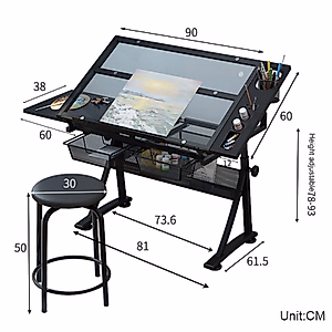 EESHHA Drawing Table Adjustable Glass Drafting Table,Versatile Art Study Table,with Storage Drawers,Art Studio Design Sketching Painting Work Station (Color : Glass) (Glass) (Glass)