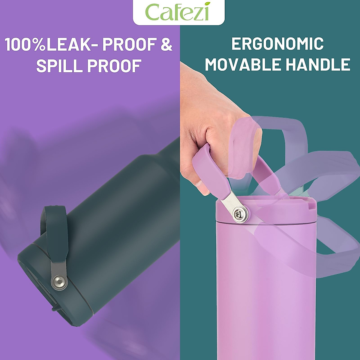 Cafezi 50 oz Insulated Tumbler with Straw, Stainless Steel Water Bottles with Flip Straw and Top Handle, Leak Proof Flip, No Sweat, Fits in Cup Holder, Vacuum Insulated Cup for Home, Outdoors, Car