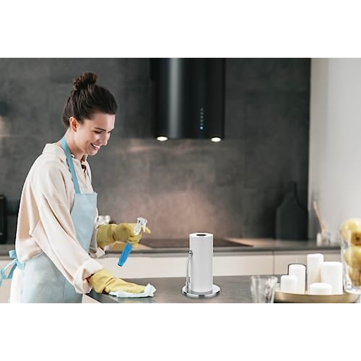 Paper Towel Holder with Spray Bottle by Elevated Essentials - Heavy Non Slip Weighted Stainless Steel Base for One Handed Operation - The Perfect Countertop Kitchen Paper Towel Holder