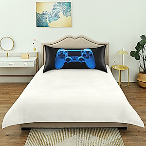 Oyihfvs Video Game Joystick Gamepad in Blue Neon Lights Isolated on Black Silky Satin Pillowcase for Hair and Skin, Soft Bed Pillow Cover, Decorative Silk Pillow Cases, King Size 20x40 inches