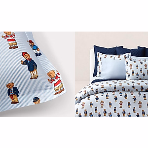 POLO RALPH LAUREN Blue Stripe Teddy Bear Boy 2 pc Twin Duvet Cover Set Blue White