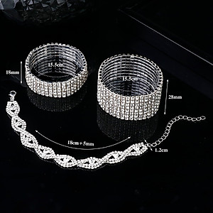 FIBO STEEL 3 PCS Rhinestone Stretch Bracelets for Women Bridal Sparkly Wedding Strand Tennis Bracelet Set Silver-Tone