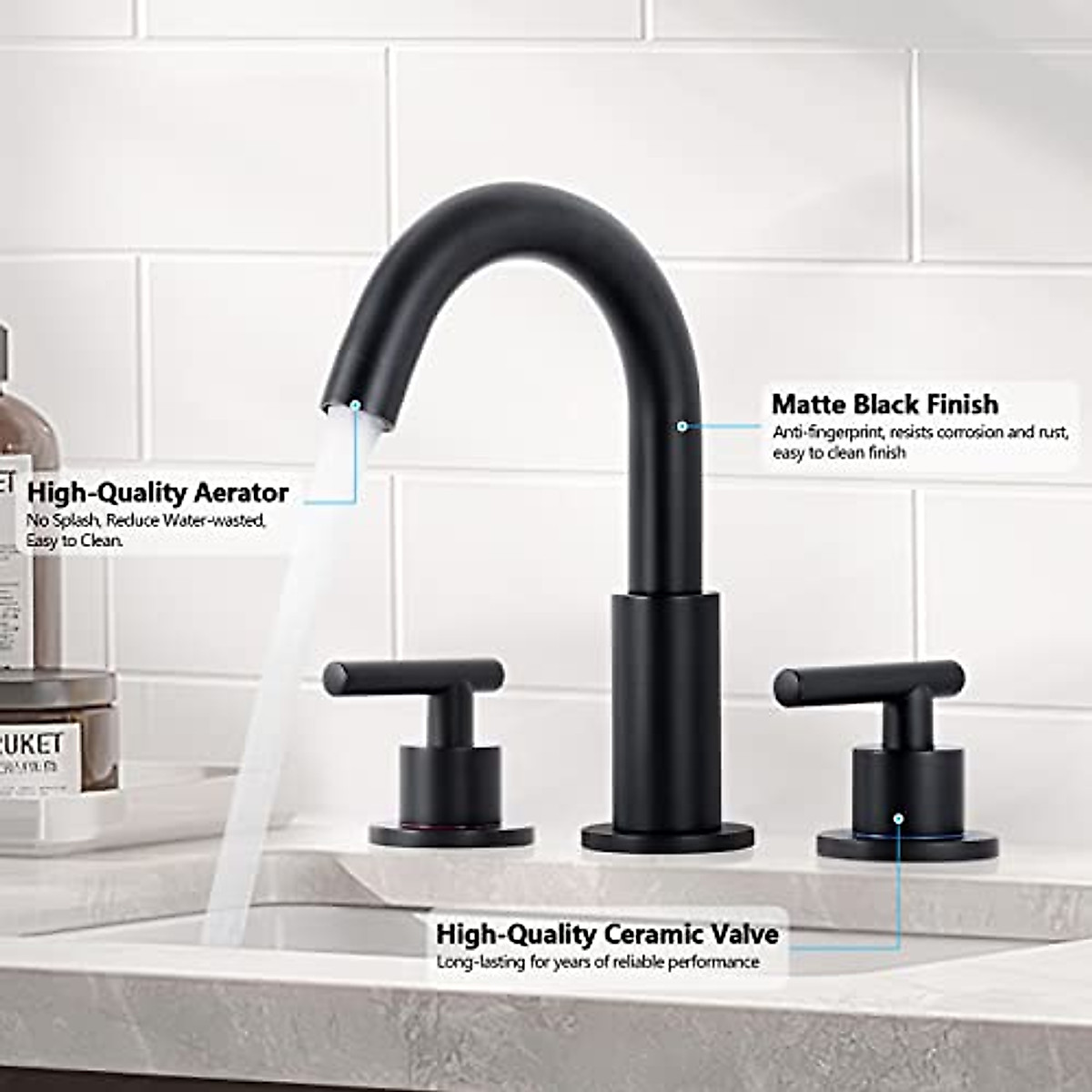 FGKQ Bathroom Faucet for Sink 3 Hole, 8 inch Widespread Bathroom Faucet, 2 Handle High Arc Matte Black Bathroom Sink Faucets with Pop-Up Drain and Water Supply Lines