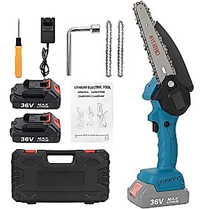 6" Mini Chainsaw Handheld Chainsaw One Hand Portable Electric Chainsaw for Trimming Branches and Timber Bonsai Trunks (2 Batteries in Box) (6 inch, Blue)